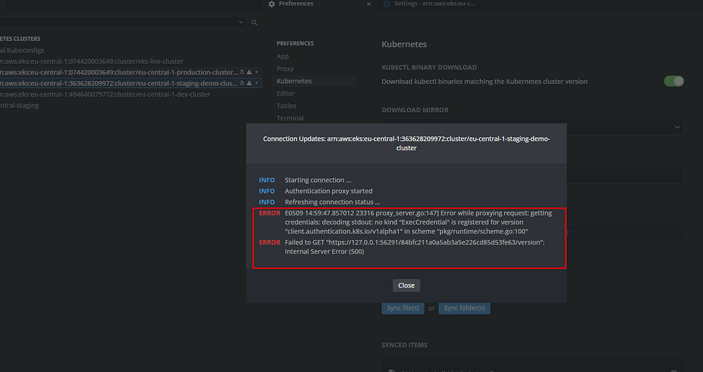 Cant connect to a cluster - Error while proxying request: getting credentials: decoding stdout ...